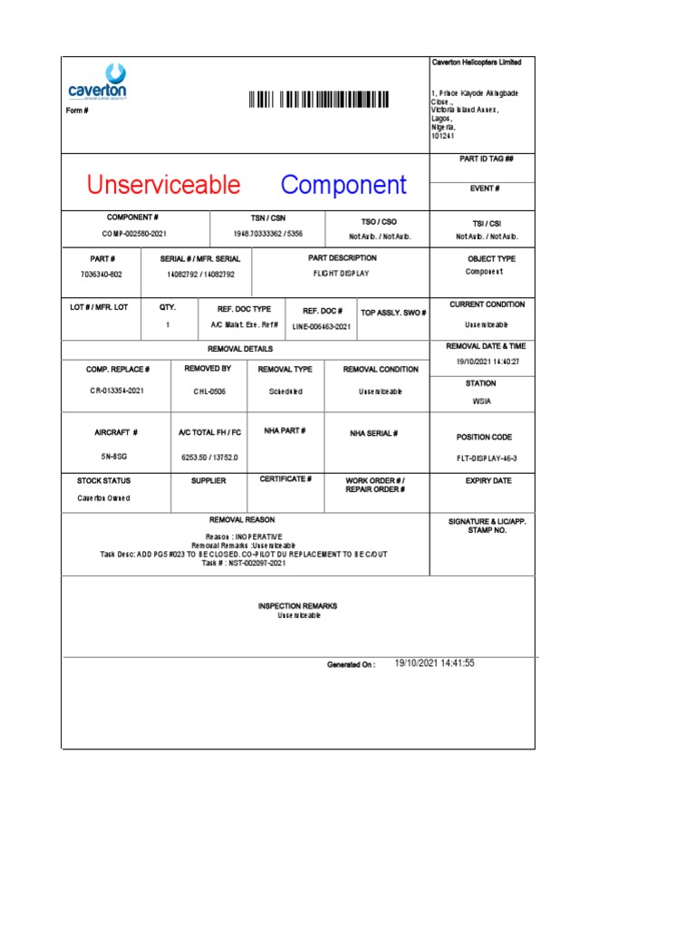 Unserviceable: Component | PDF | Aviation