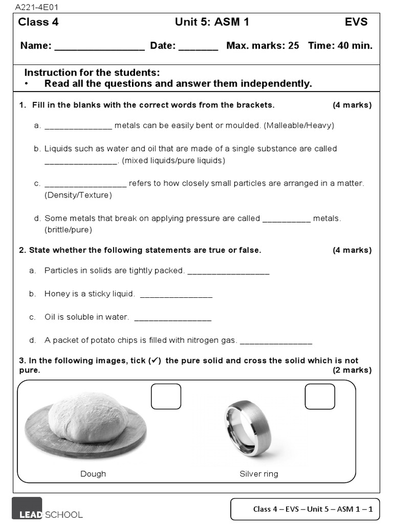 Class 4 Unit 5: ASM 1 EVS | PDF | Liquids | Gases