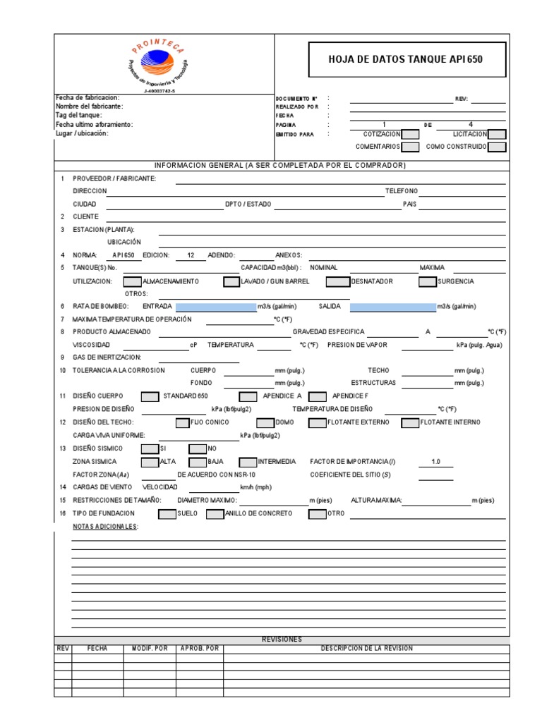 Data Sheet Tanque API 650 Prointeca 2021 | PDF