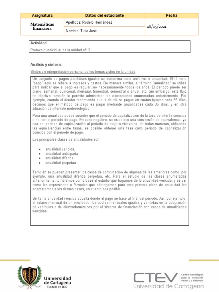 Matematicas Financiera Protocolo Individual | PDF | Economias | Business