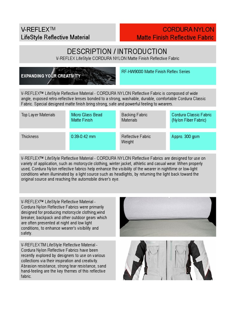 LIFESTYLE CORDURA NYLON Matte Finish Reflective Fabric RF-HW9000 Series ...