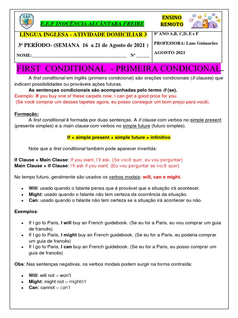 9º Ano - Atividade 3 - First Conditional | PDF | Linguística