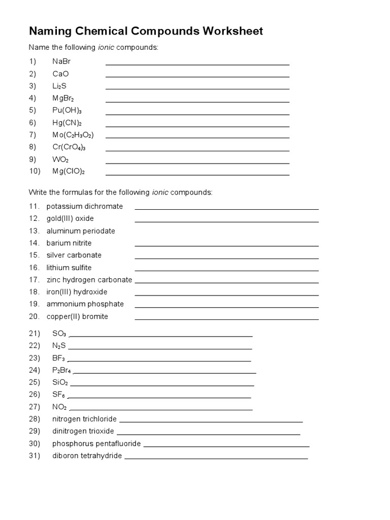 Naming Chemical Compounds Worksheet | PDF