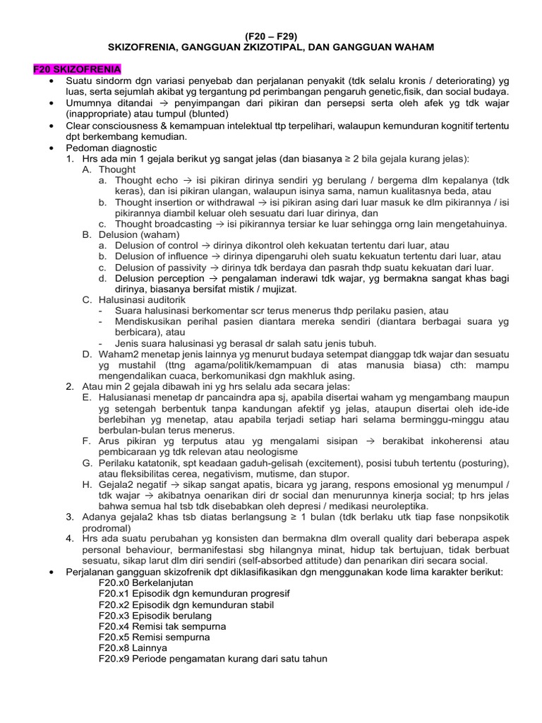 (F20 - F29) Skizofrenia, Gangguan Zkizotipal, Dan Gangguan Waham F20 Skizofrenia | PDF ...