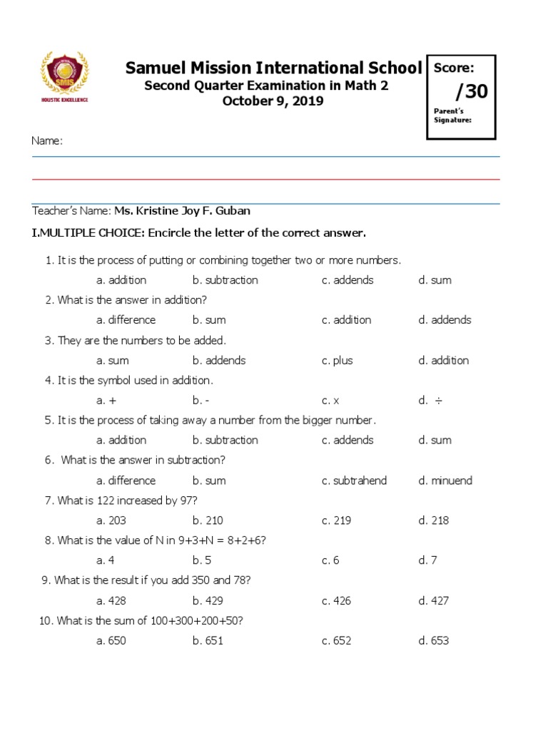 Math Exam For Grade 2 2q | PDF | Subtraction | Mathematics