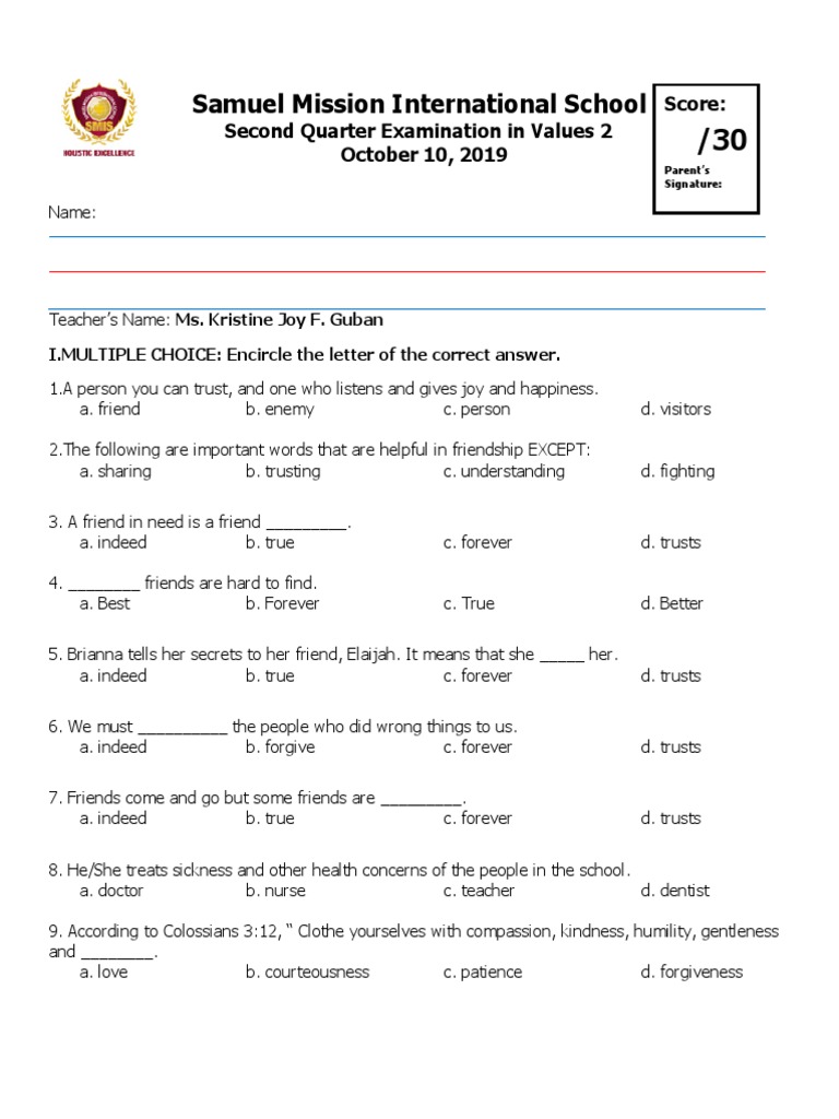 Values Exam For Grade 2 2q | PDF