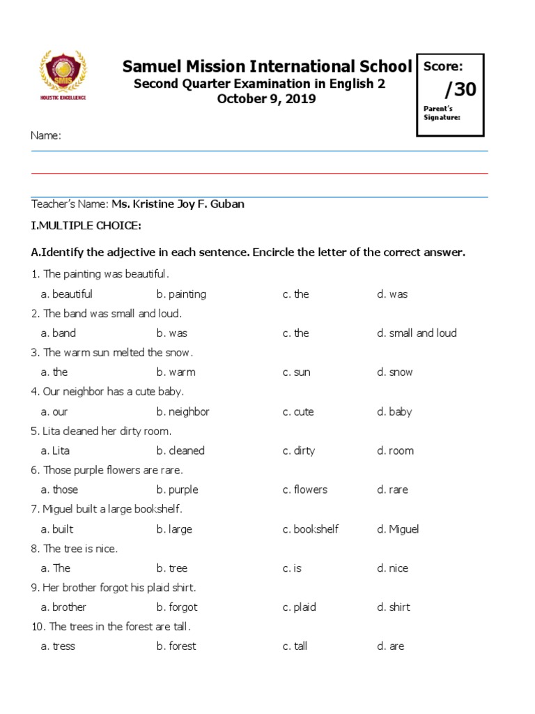 English Exam For Grade 2 2q | PDF