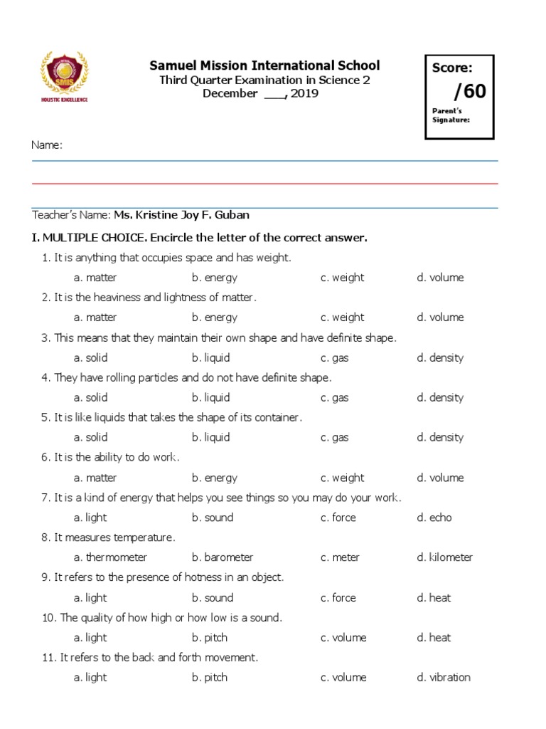 Science Exam For Grade 2 3q | PDF | Sound | Matter