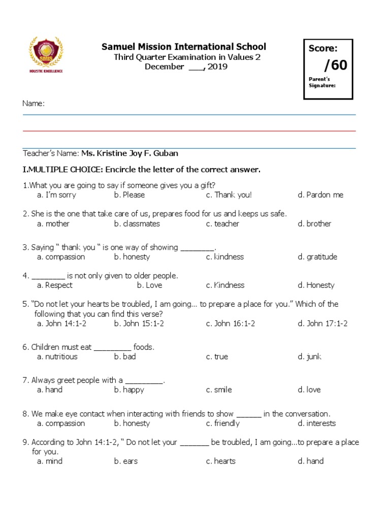 Values Exam For Grade 2 3q | PDF | Foods | Water