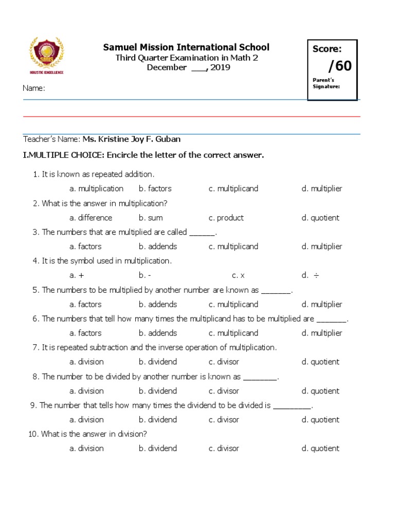 Math Exam For Grade 2 3q | PDF | Multiplication | Division (Mathematics)