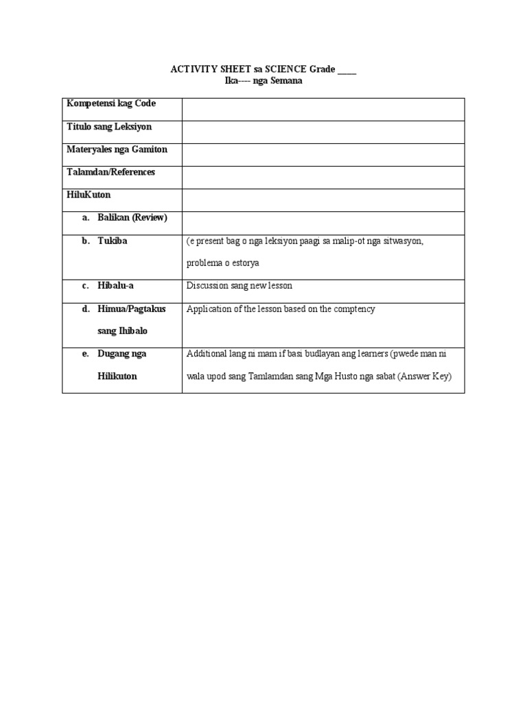 Hiligaynon Activity Sheet | PDF