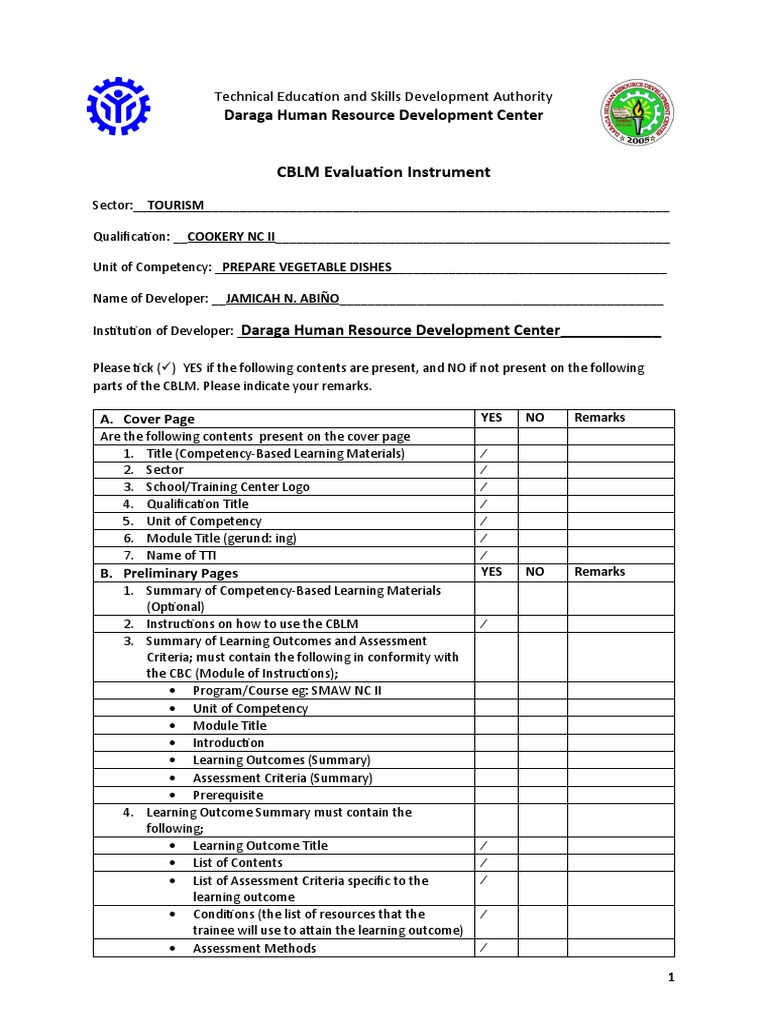 CBLM Evaluation Instrument: Daraga Human Resource Development Center | PDF | Cognition