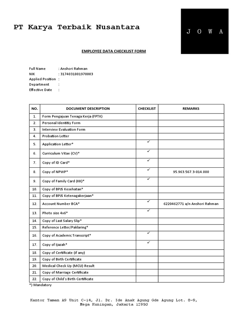 Employee Data Checklist Form | PDF