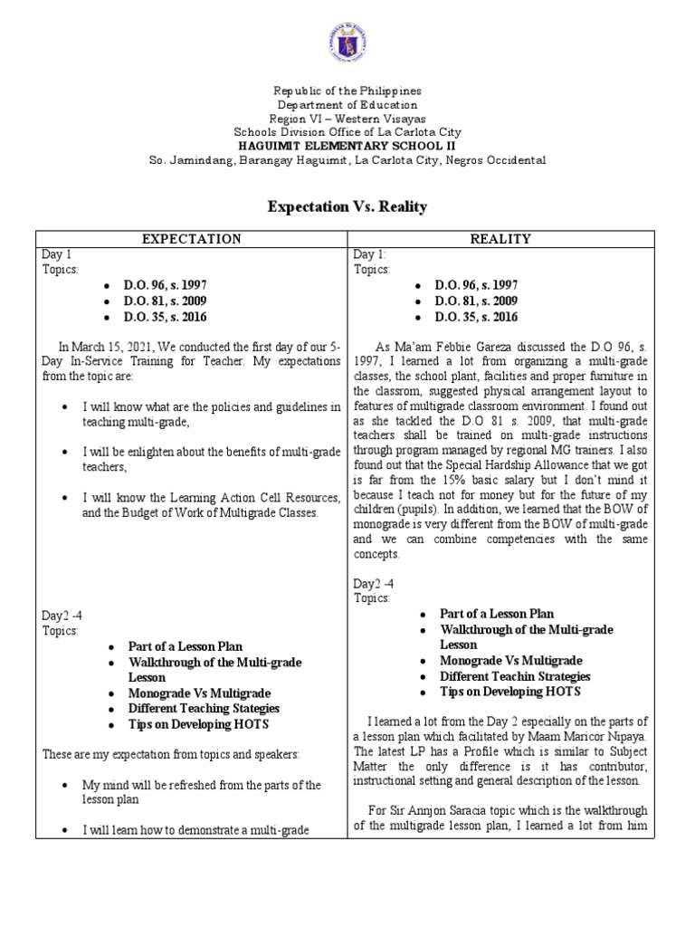 Expectation vs. Reality | PDF | Lesson Plan | Teachers
