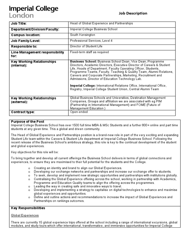 Job Description - Head of Global Experience and Partnerships | PDF ...