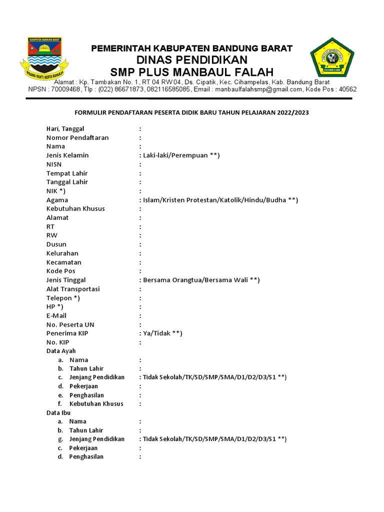 Formulir SMP Manbaul Falah | PDF