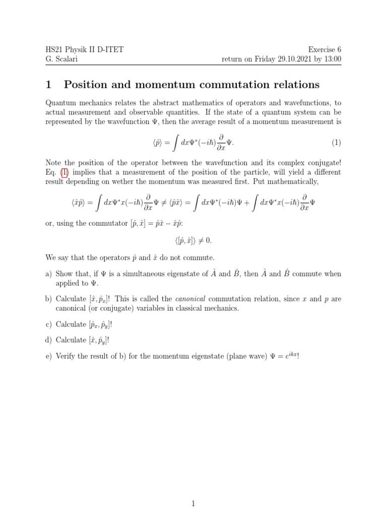 1 Position and Momentum Commutation Relations | PDF | Wave Function | Quantum Mechanics