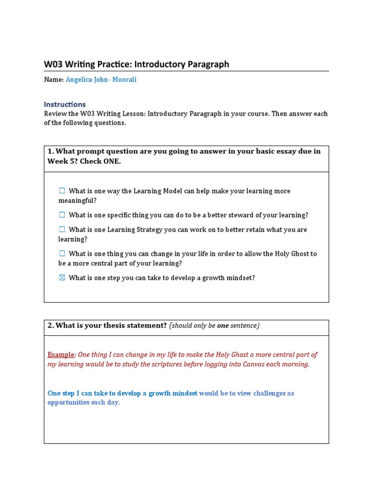 W03 Writing Practice: Introductory Paragraph: Instructions | PDF
