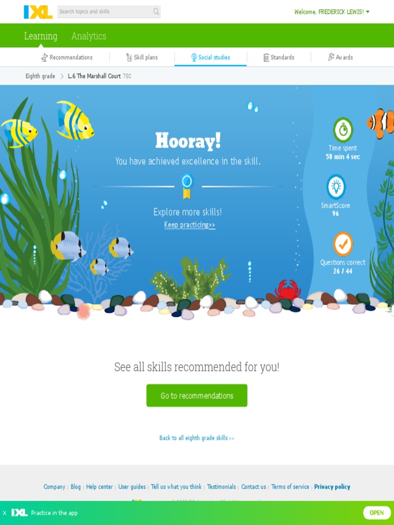 IXL The Marshall Court 8th Grade Social Studies | PDF