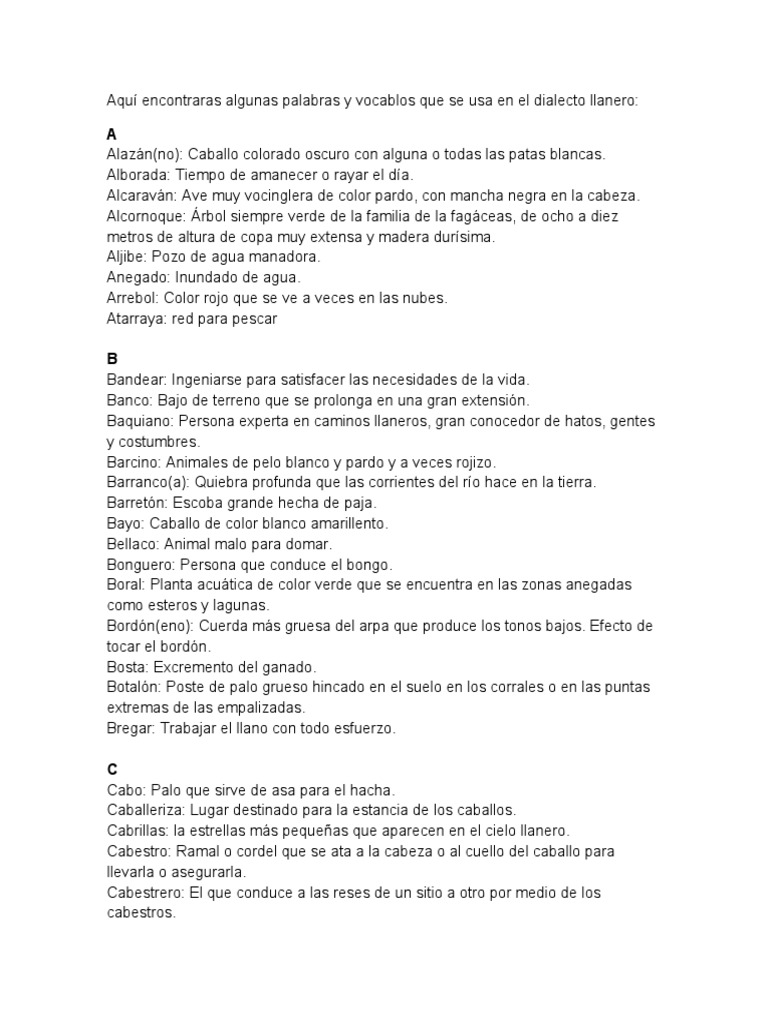 Vocabulario del Dialecto Llanero | PDF | Aves