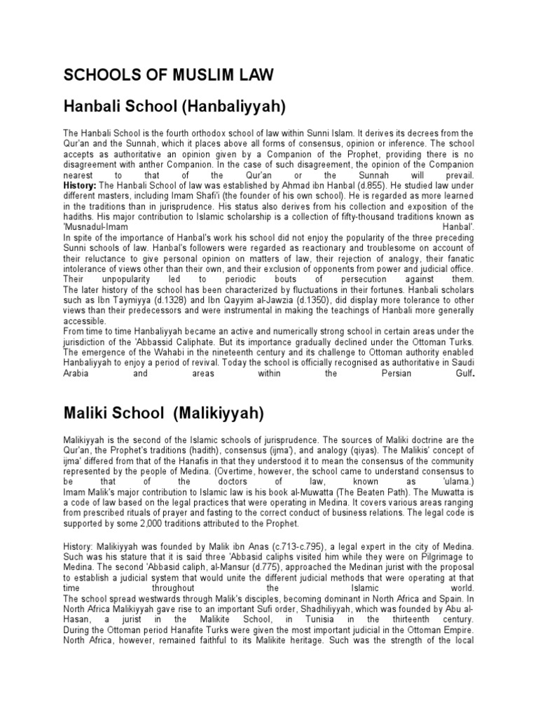 Schools of Muslim Law Hanbali School (Hanbaliyyah) | PDF | Sunni Islam ...