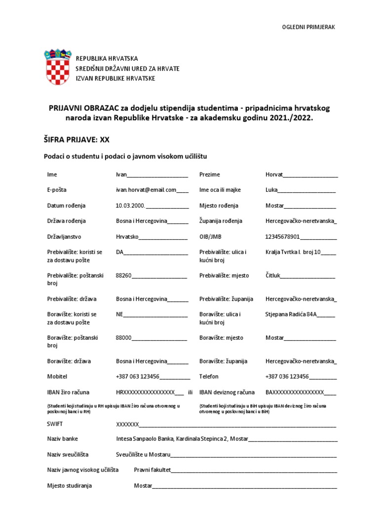 Prijavni Obrazac Stipendije - Ogledni Primjerak | PDF