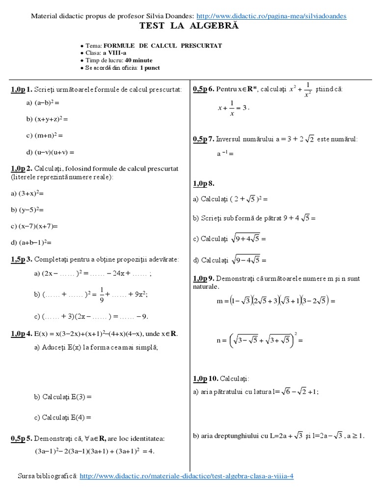 Test - Algebra Clasa A Viii-A - Formule de Calcul Prescurtat | PDF