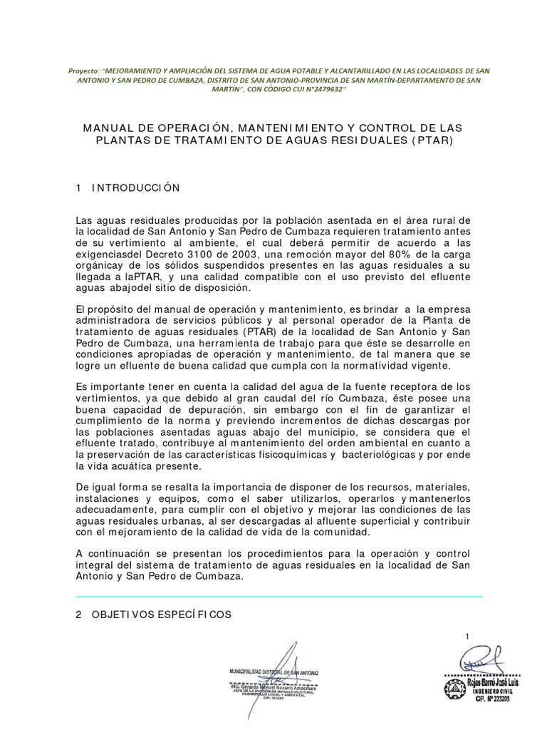 Manual Operacion Mantenimiento Ptar | PDF | Efluente | Aguas residuales