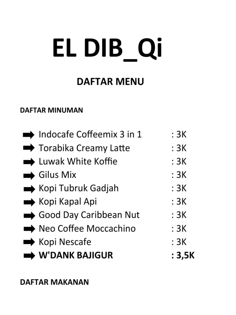 Daftar Menu Cafe EL DIB_Qi | PDF | Memasak, Makanan, & Anggur