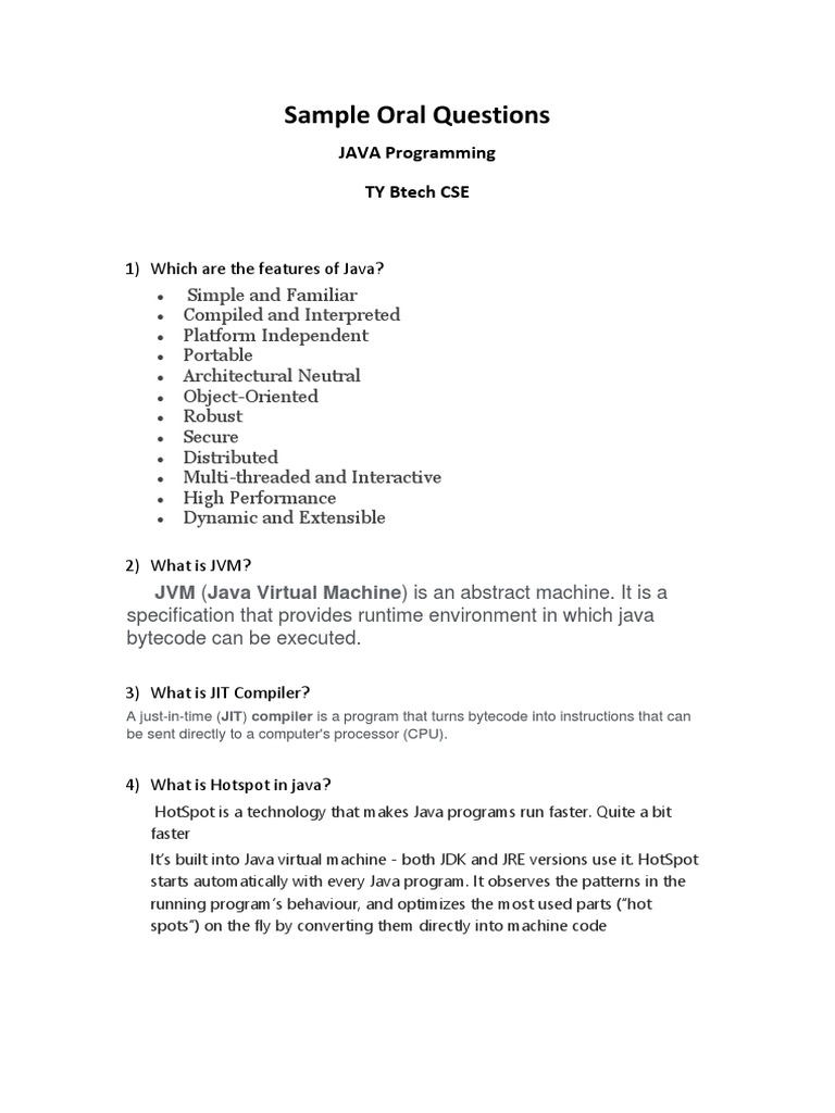 Sample Oral Questions: JAVA Programming TY Btech CSE | PDF | Inheritance (Object Oriented ...