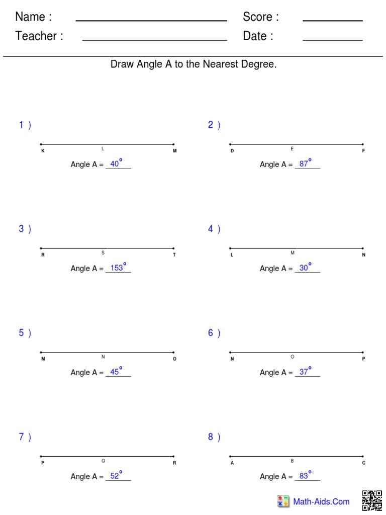 Name: Teacher: Date: Score:: Draw Angle A To The Nearest Degree | PDF
