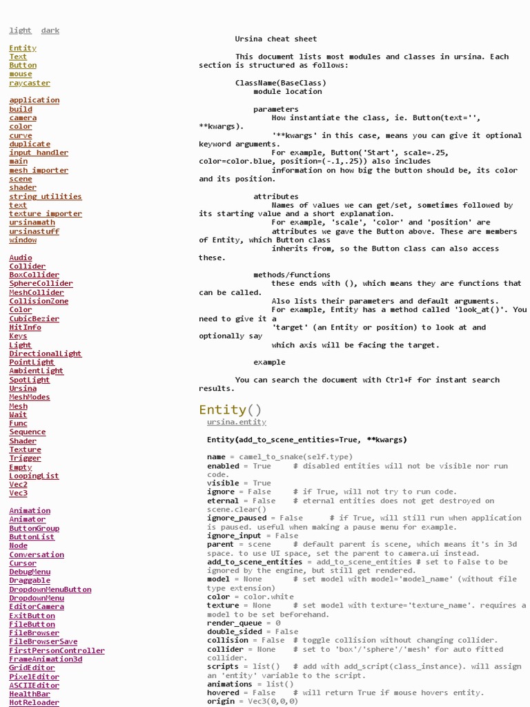 Ursina Cheat Sheet | PDF | Parameter (Computer Programming) | Shader