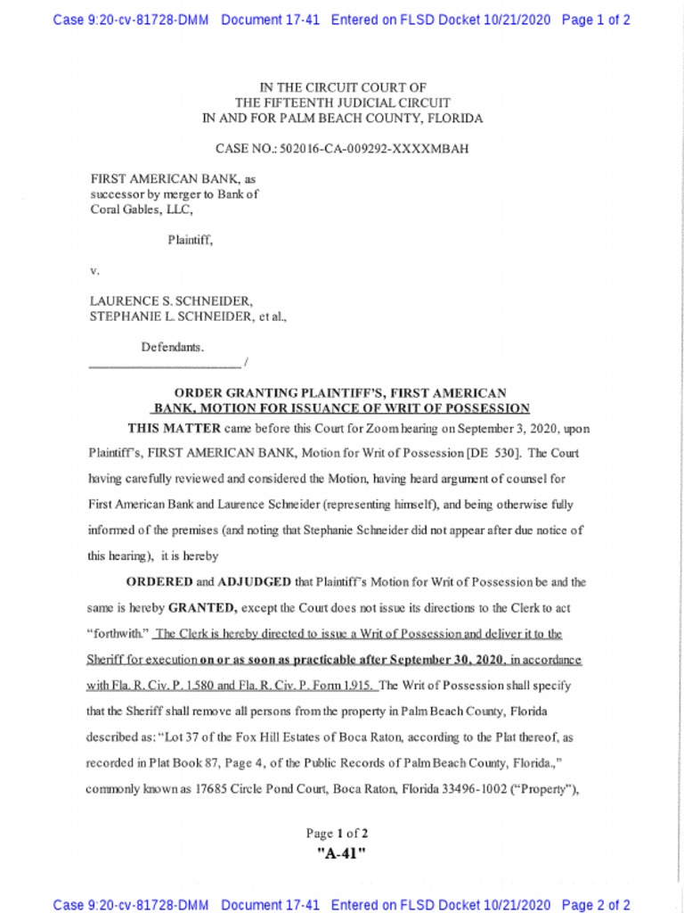 D.E. 17-41 Order Granting Writ of Possession | PDF | Writ | United ...