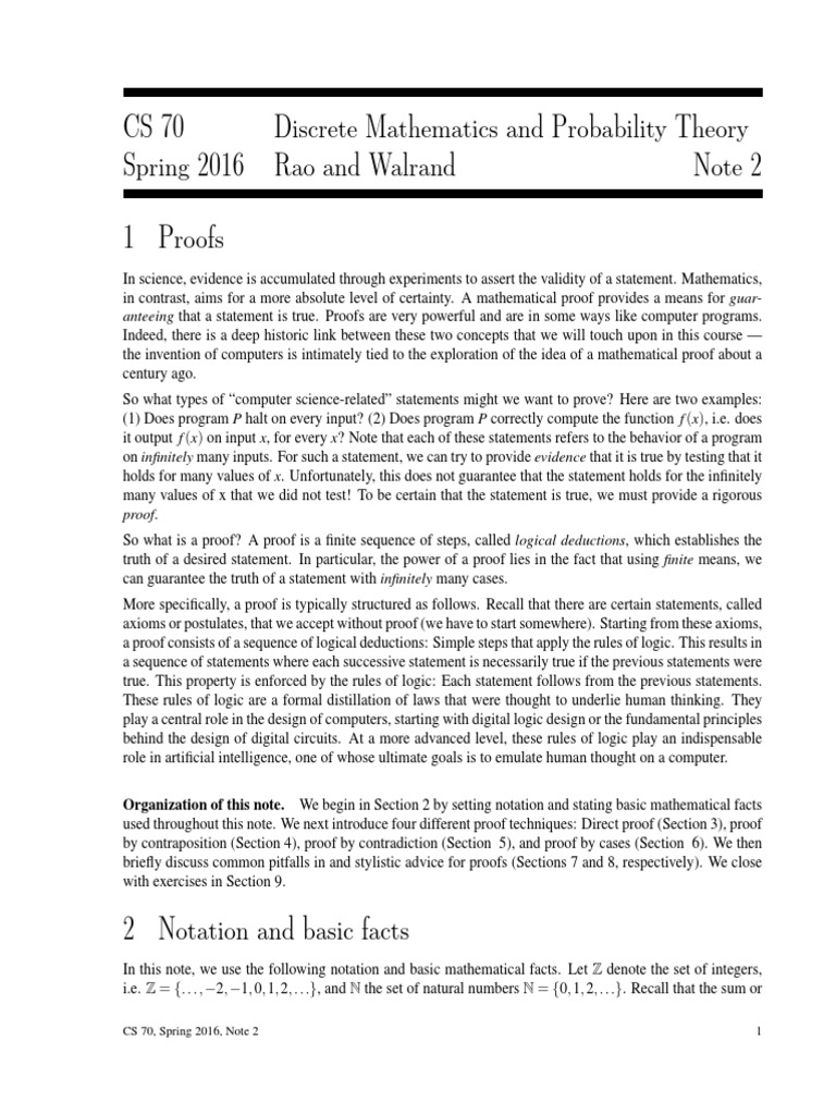 CS 70 Discrete Mathematics and Probability Theory Spring 2016 Rao and Walrand Note 2 1 Proofs ...