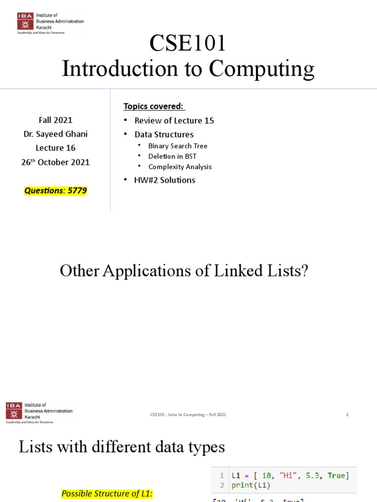 Itc F21 Lecture 16 V16 Final Data Structures Pdf Computer 2072