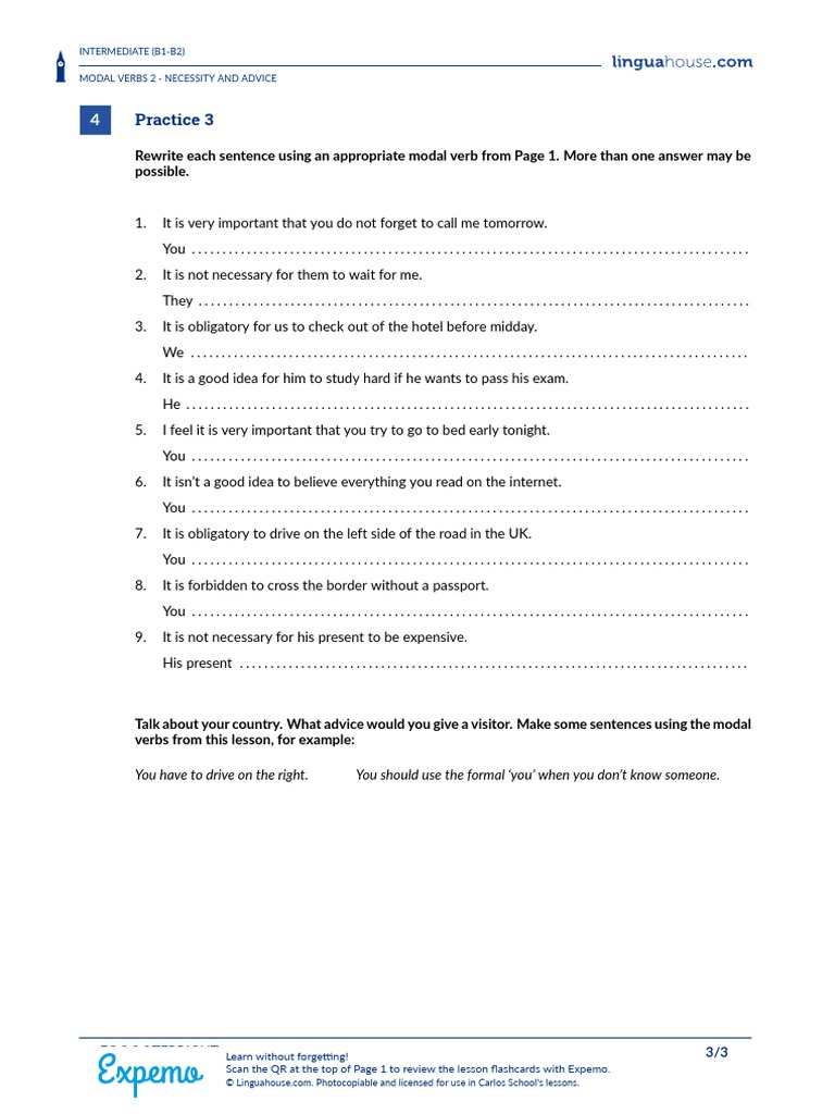 Practice 3: Rewrite Each Sentence Using An Appropriate Modal Verb From ...