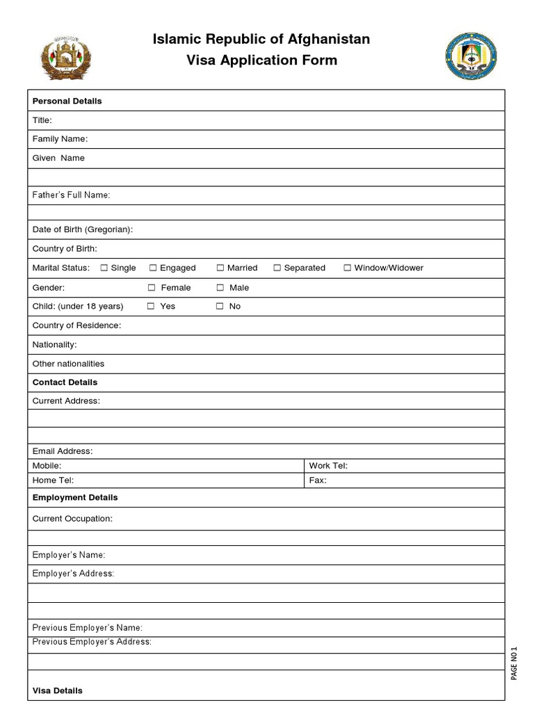 Islamic Republic of Afghanistan Visa Application Form: Personal Details ...