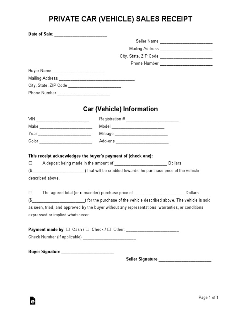 Private Car Sale Receipt Template | PDF