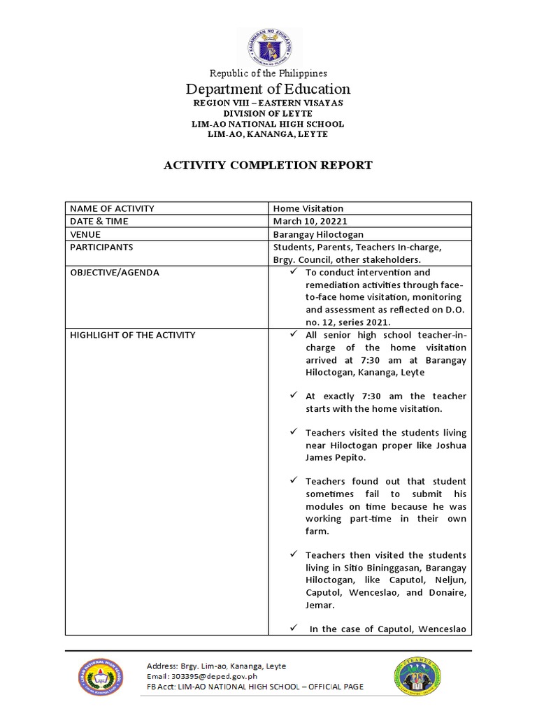 Department of Education: Activity Completion Report | Download Free PDF ...