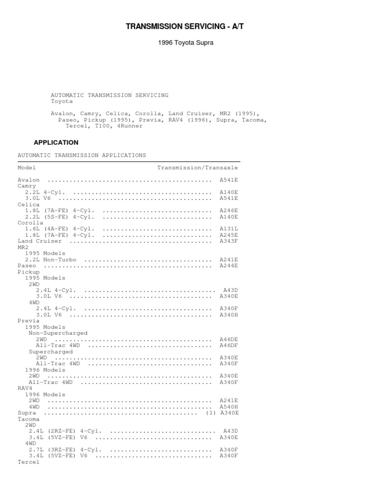 1996 Toyota Supra Transmission Service Guide | PDF | Manual ...