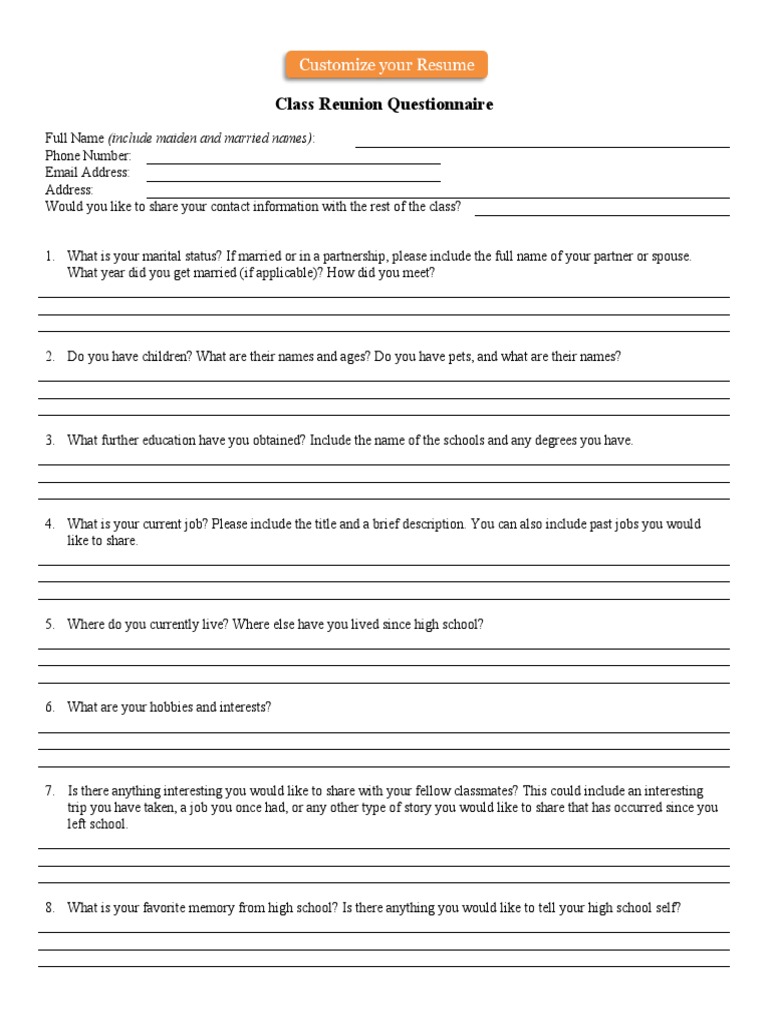 Class Reunion Questionnaire | PDF