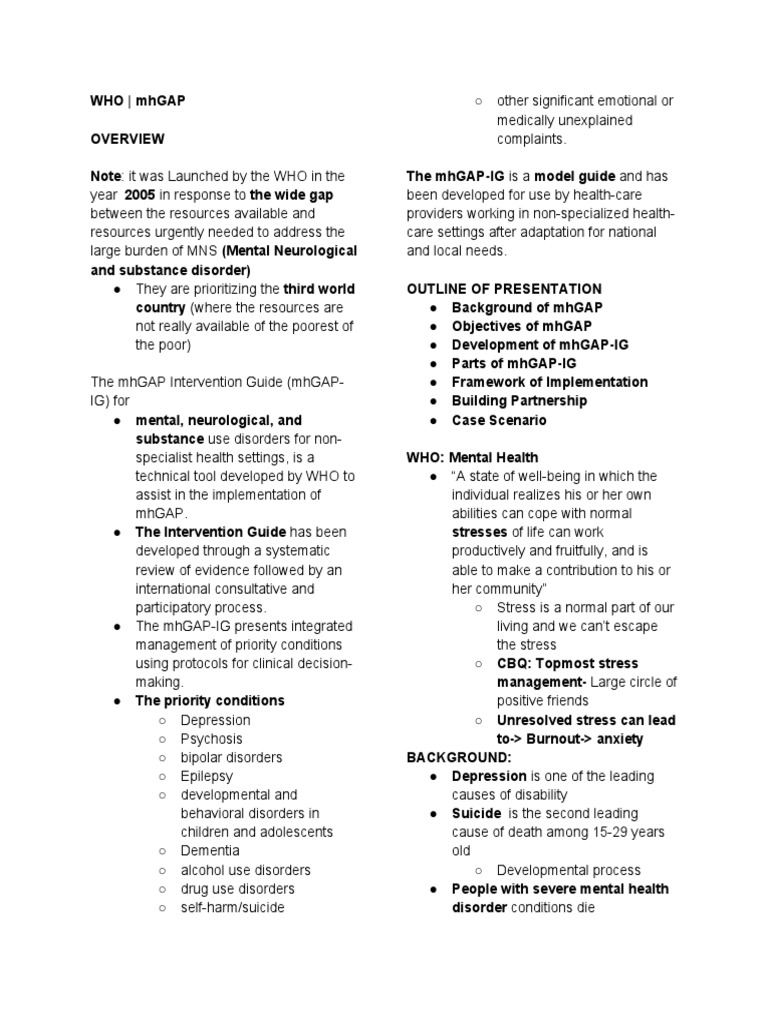 WHO - mhGAP | PDF | Mental Disorder | Major Depressive Disorder