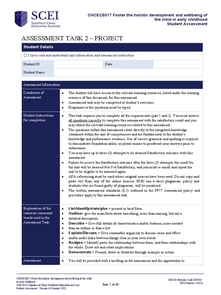 CHCECE017 Student Assessment Task 2 - Project | PDF | Early Childhood ...