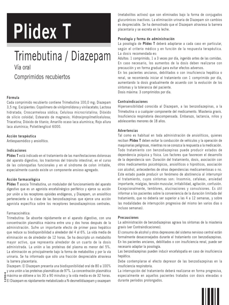 Plidex T: Trimebutina / Diazepam | PDF | Benzodiazepinas | Medicamentos con receta