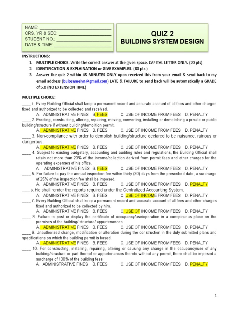 Building System Design Quizzes 2 | PDF | Fee | Fire Safety