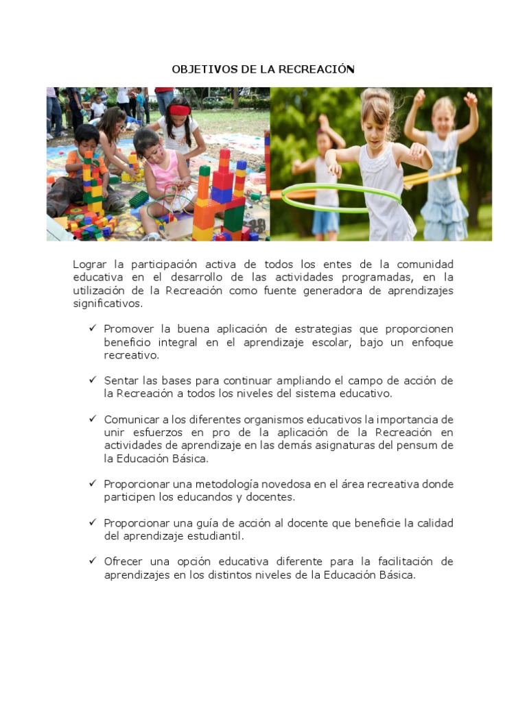 OBJETIVOS DE LA RECREACIÓN y CLASIFICACIÓN DE LAS ACTIVIDADES ...