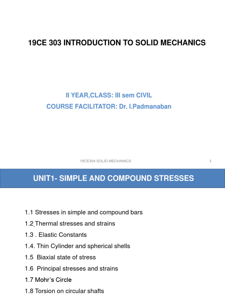 19ce 303 Introduction To Solid Mechanics: Ii Year, Class: Iii Sem Civil ...