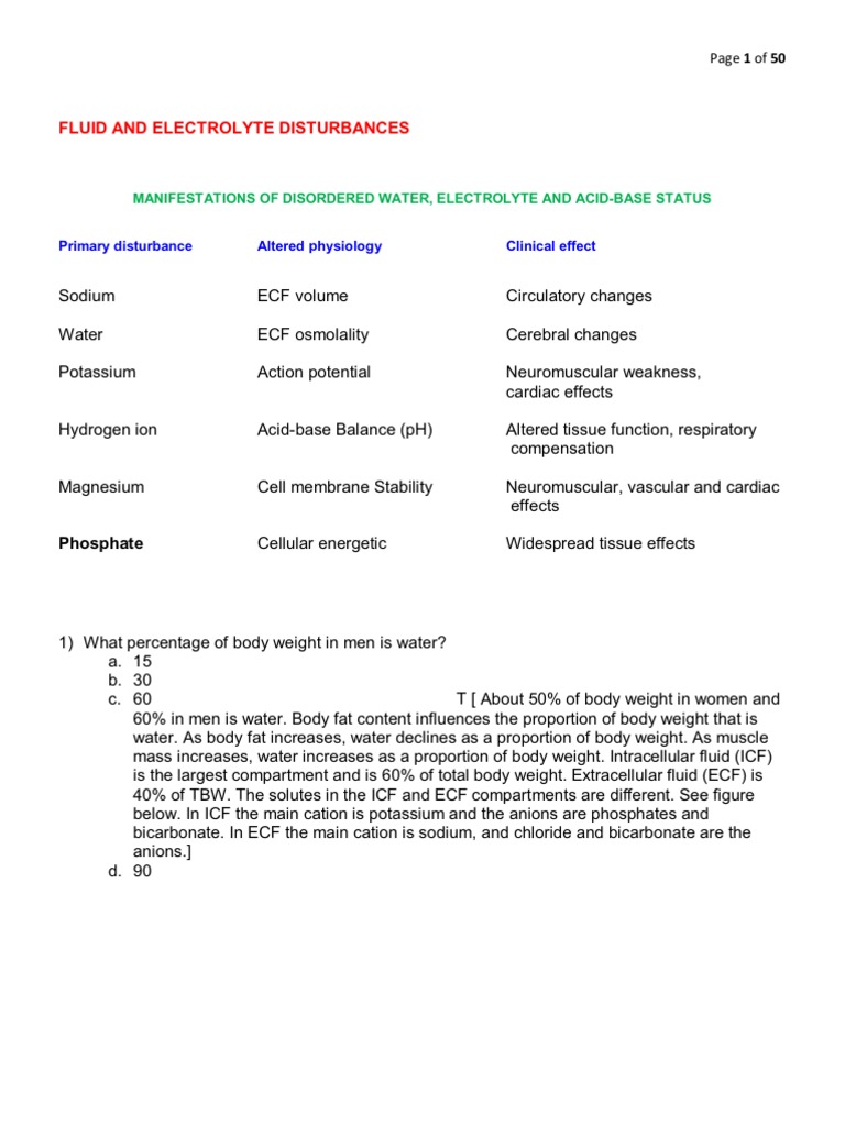 MCQs in Fluid and Electrolyte Balance With Answers | PDF | Saline (Medicine) | Sodium