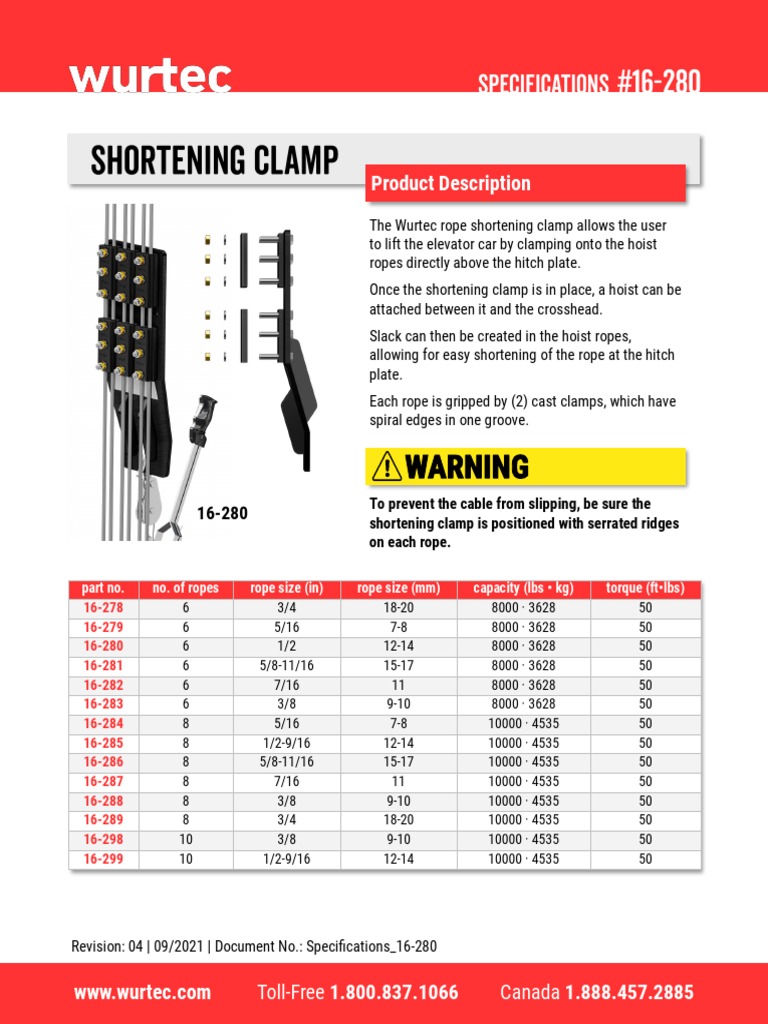 Wurtec Rope Shortening Clamp Specs | PDF | Equipment | Manufactured Goods