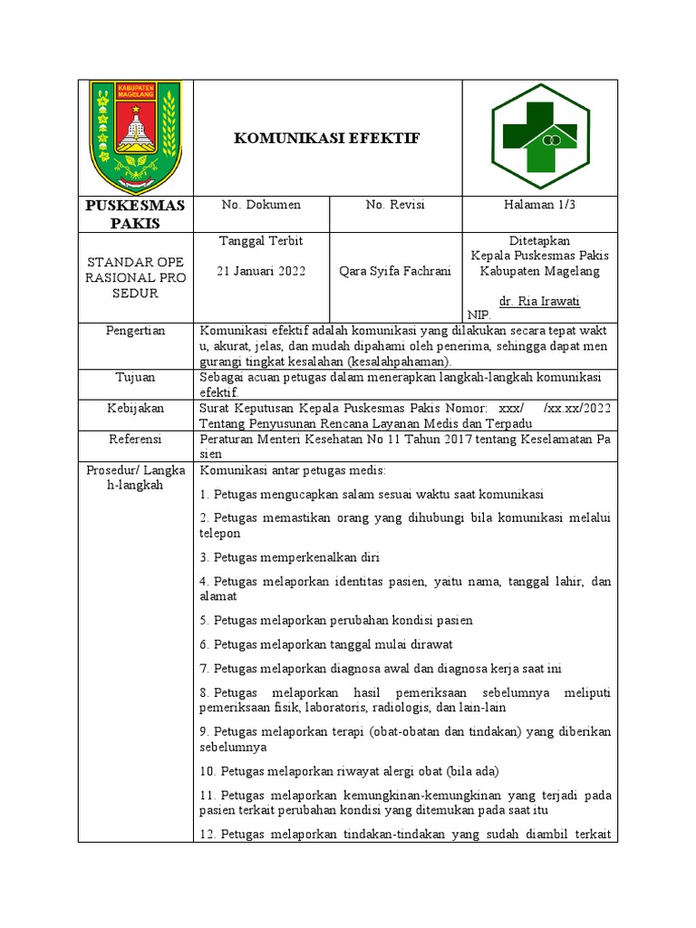 (V) SOP Komunikasi Efektif - Puskesmas Pakis | PDF (V) SOP Komunikasi Efektif - Puskesmas Pakis | PDF
